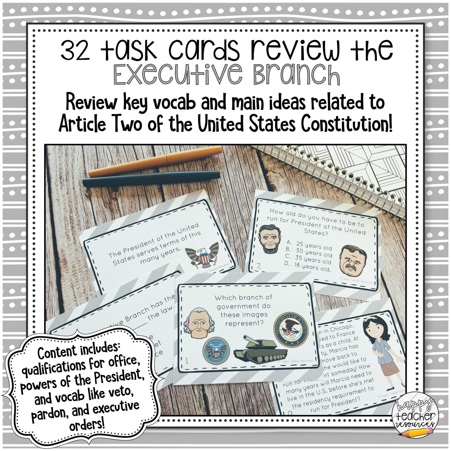 Executive Branch Review Bundle - 4 Games and 32 Task Cards for Civics ...