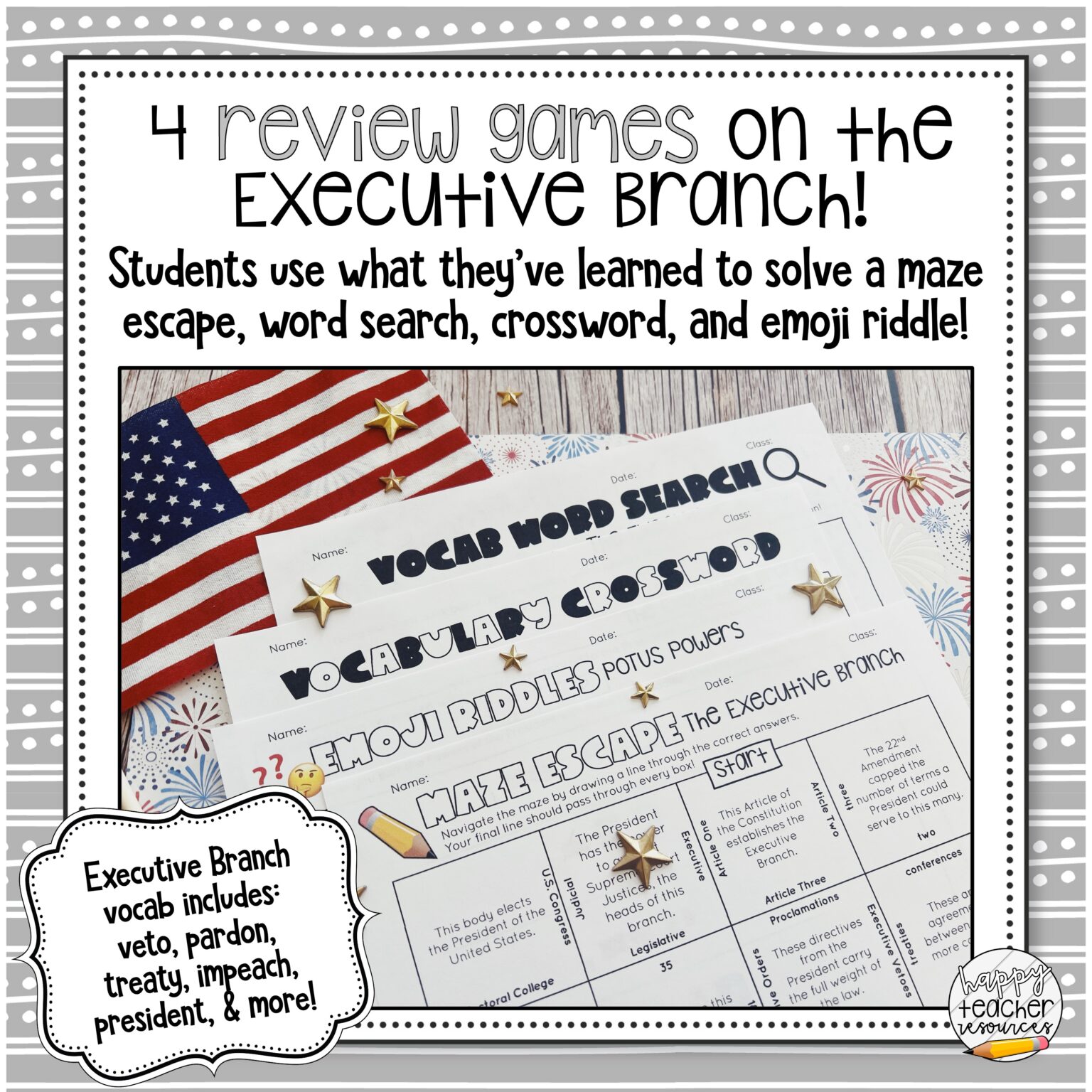 Executive Branch Review Bundle - 4 Games and 32 Task Cards for Civics ...