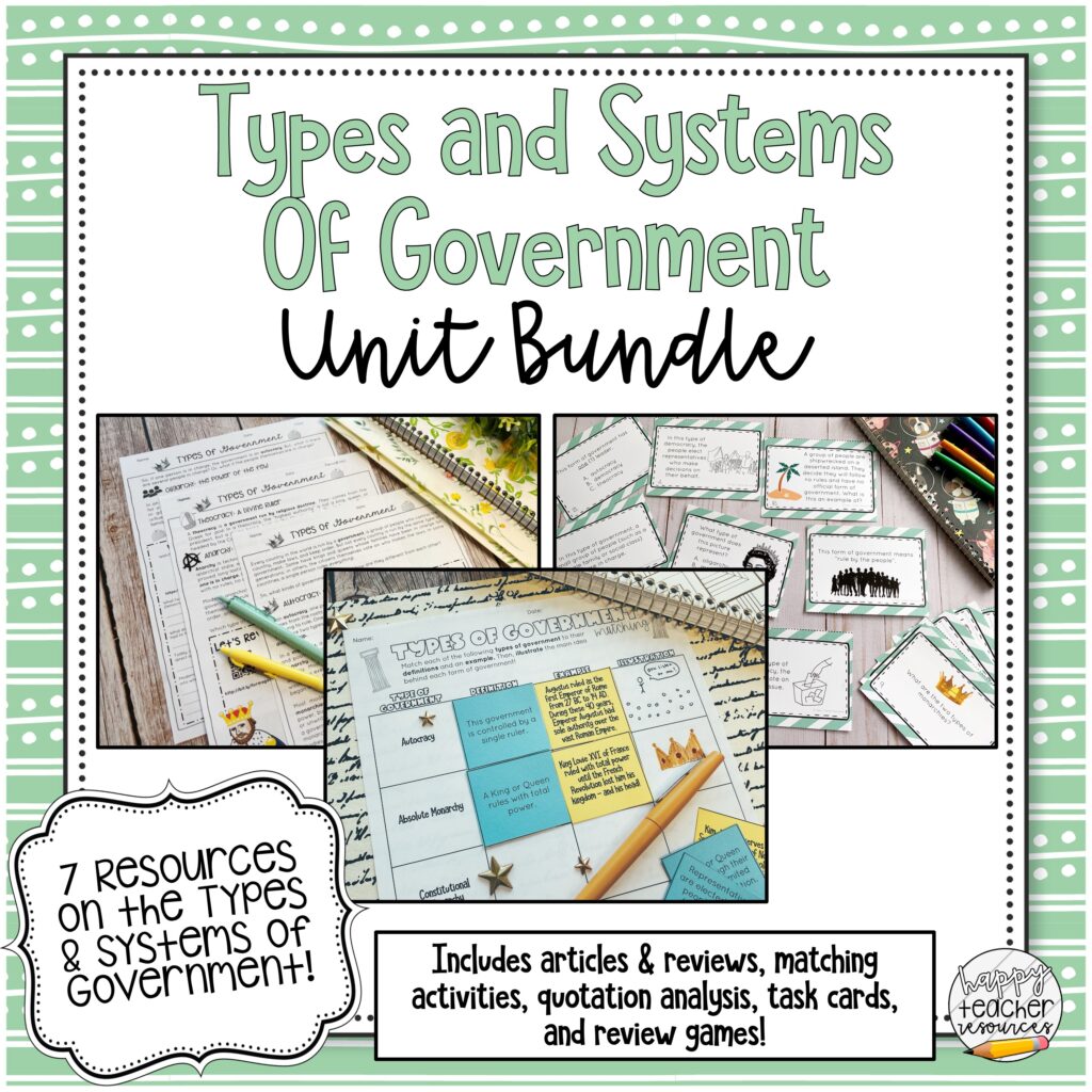 Types and Systems of Government Full Unit Bundle for Civics!